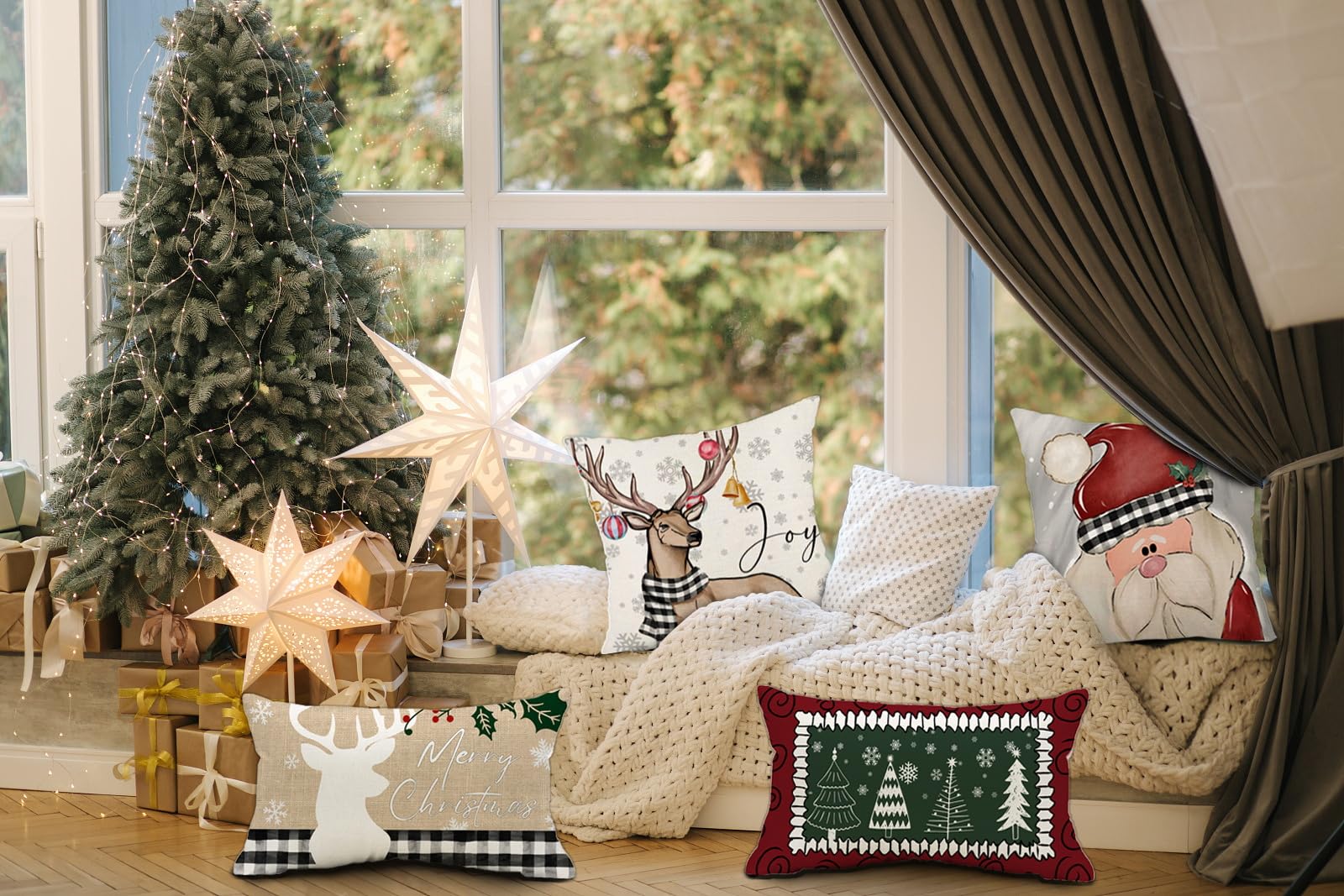 KACOPOL Black White Buffalo Plaid Deer Throw Snowflake Merry Christmas Throw Pillow Cover Linen for Couch Bed Sofa Car Cushion Covers 12 x 20 inch Pillow Case