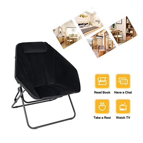 Stonehomy Oversized Folding Saucer Chairs for Adults, Soft Thick Velvet Round Moon Circle Chairs for Bedrooms Living Room, Black