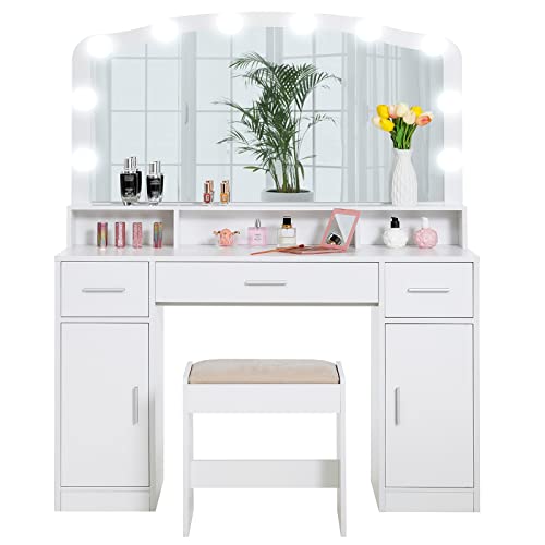 usikey Large Vanity Set with Large Lighted Mirror, Modern Makeup Vanity Table with 3 Drawers, 2 Storage Cabinets & 10 LED Bulbs, Dressing Table with Cushioned Stool for Women, Bedroom, White