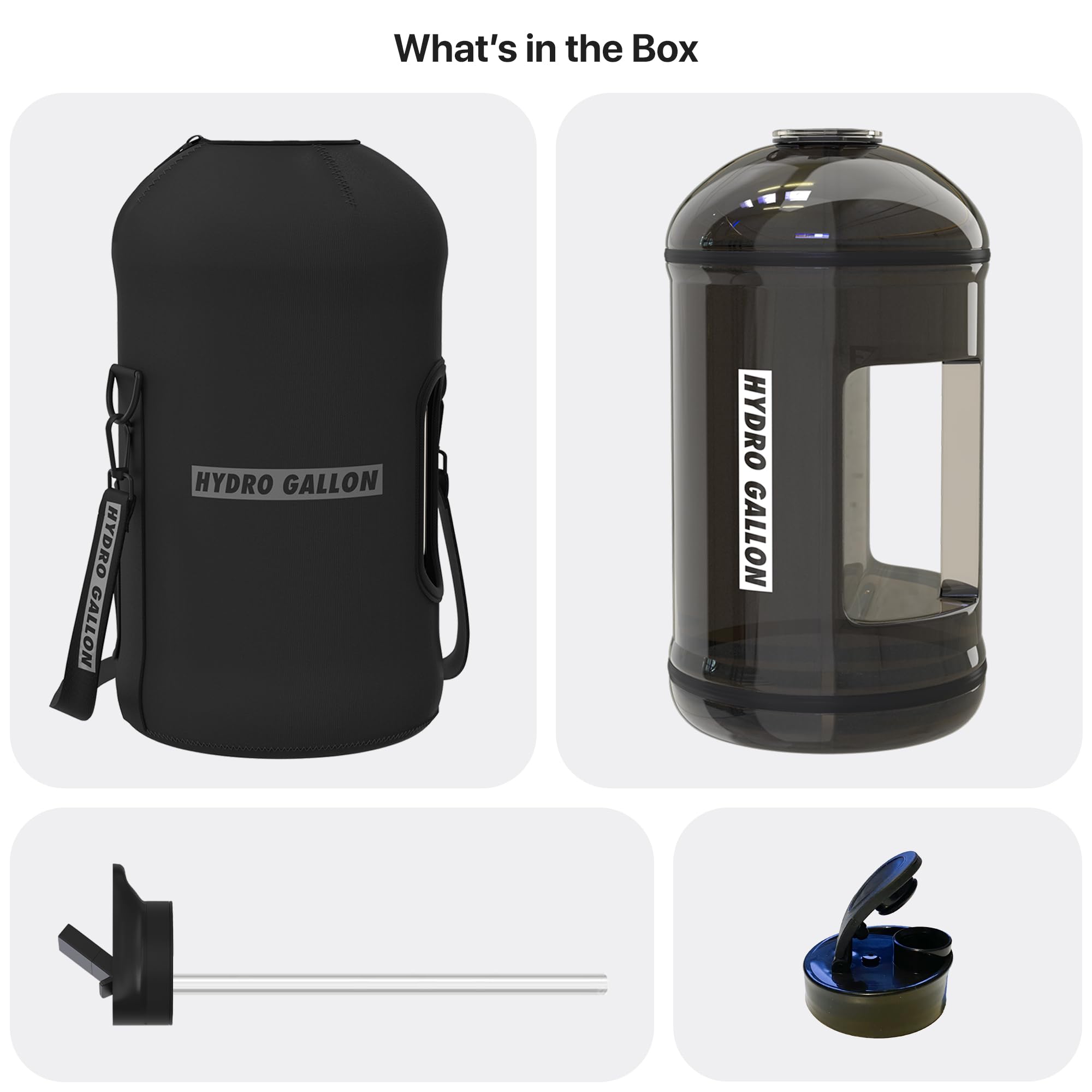 Hydro Gallon® - 1 Gallon Water Bottle Jug with Insulated Sleeve and Straw Lid, Handle, Time Marker, Pocket, Shoulder Strap. Daily Intake Leakproof BPA free Large Big Bottle Men. 128oz (Black)