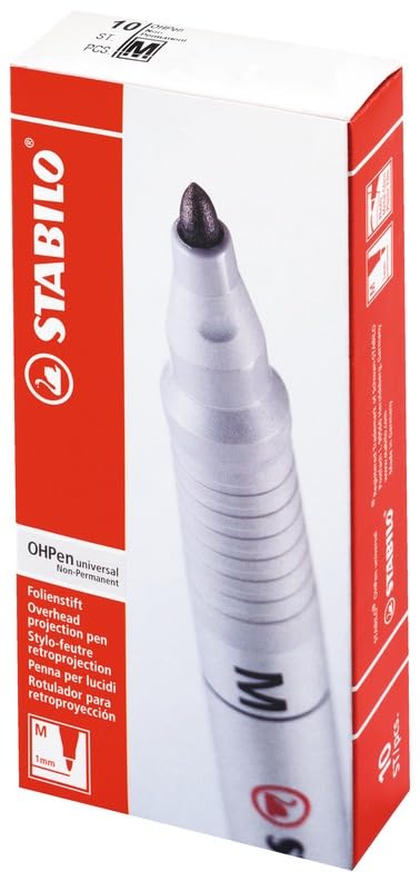 STABILO Pack of 10 Felt Tip Pens for Transaprent OHPen Soluble Ink Medium Tip Black