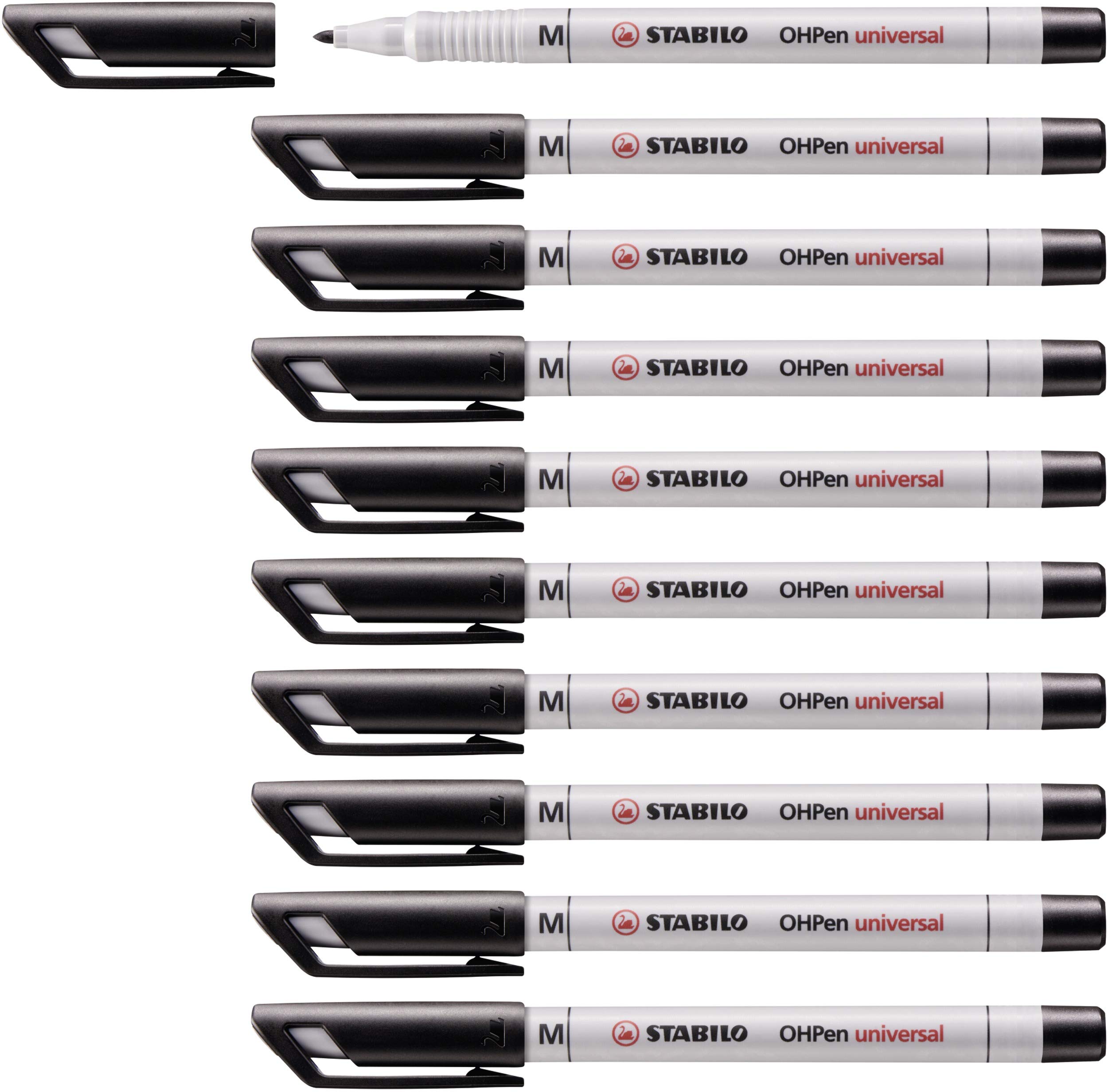 STABILO Pack of 10 Felt Tip Pens for Transaprent OHPen Soluble Ink Medium Tip Black