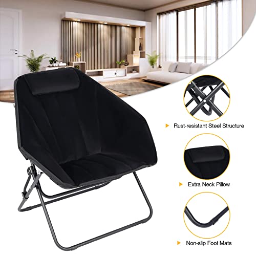 Stonehomy Oversized Folding Saucer Chairs for Adults, Soft Thick Velvet Round Moon Circle Chairs for Bedrooms Living Room, Black