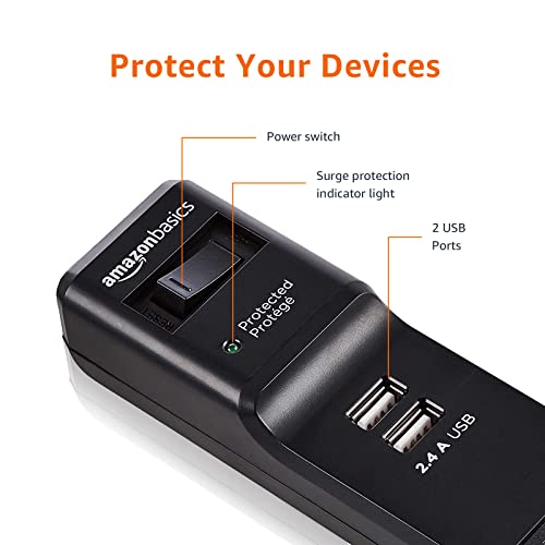 Amazon Basics 6-Outlet Surge Protector Power Strip with 2 USB Ports - 1000 Joule, Black