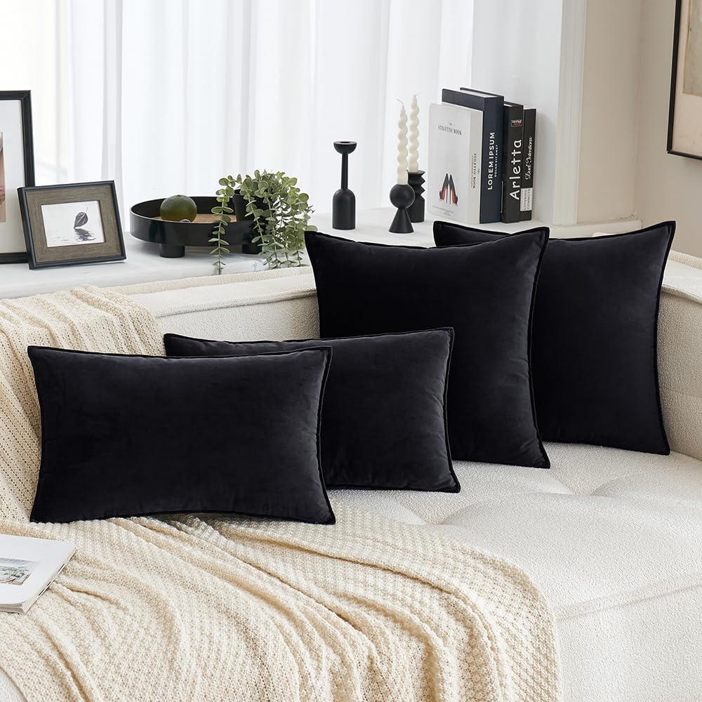 MIULEE Pack of 2 Decorative Velvet Throw Pillow Cover Soft Pillowcase Solid Square Cushion Case for Sofa Bedroom Car 22x22 Inch Black
