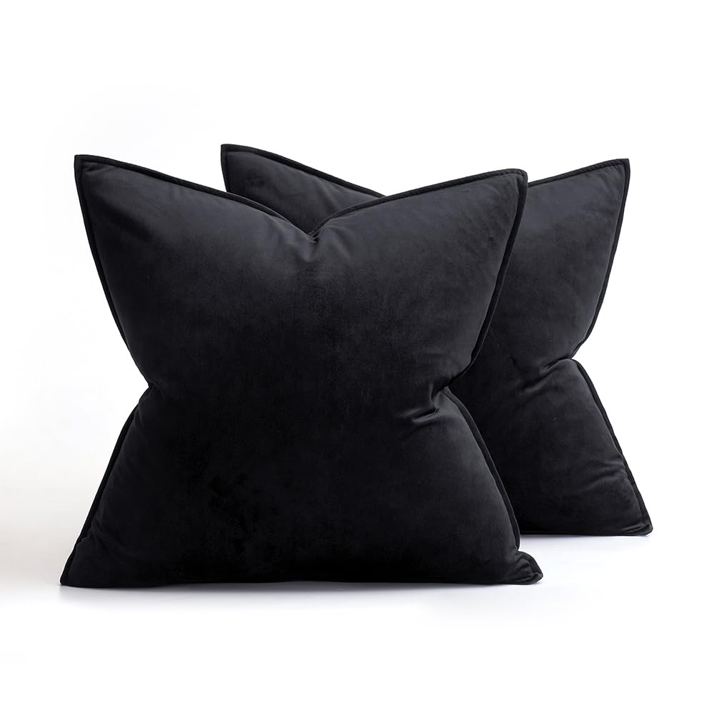 MIULEE Pack of 2 Decorative Velvet Throw Pillow Cover Soft Pillowcase Solid Square Cushion Case for Sofa Bedroom Car 22x22 Inch Black