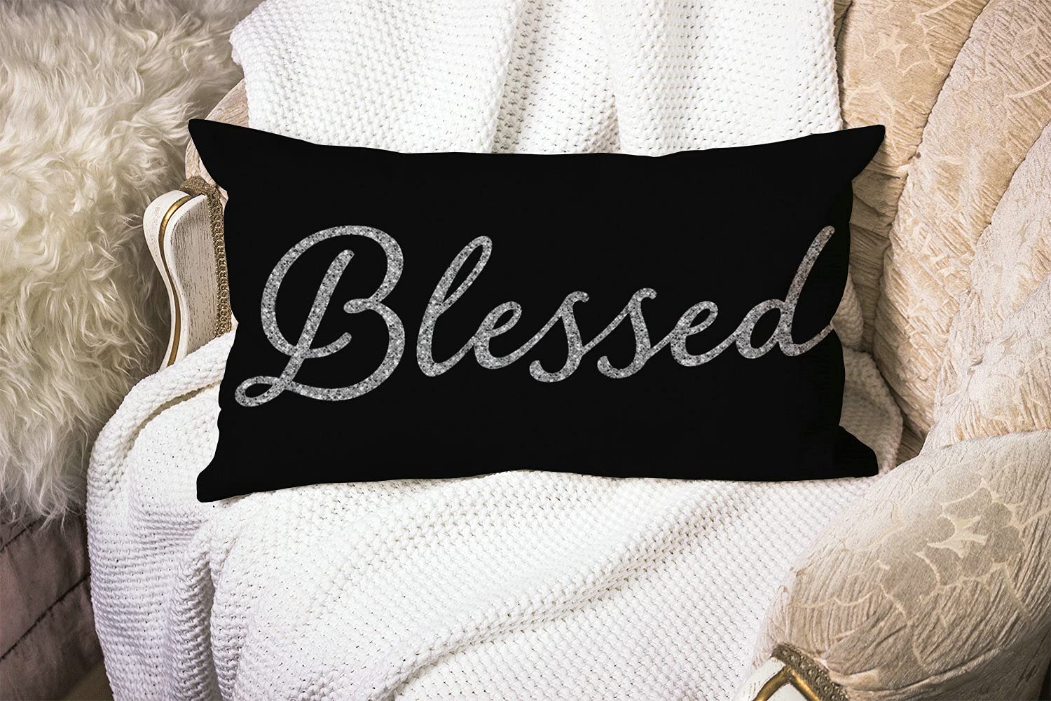 Smooffly Inspirational Blessed Words Waist Lumbar Black Cotton Linen Throw Pillow case Cushion Cover for Sofa Home Decorative Oblong 12"x20" Inches