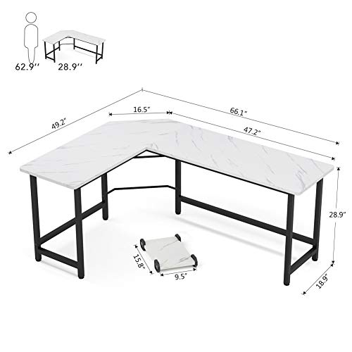 Tribesigns 66 inch Modern L Shaped Desk, Corner Computer Desk PC Laptop Gaming Table Workstation for Home Office, White Faux Marble/Black Metal Frame