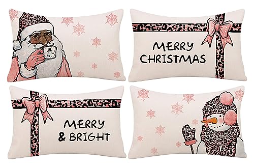 Christmas Pillow Covers 12x20 Inch Set of 4 African American Black Santa Throw Pillows Snowman Pink Christmas Xmas Winter Pillowcase Home Decor Living Room Decorative Cushion Case for Sofa Couch