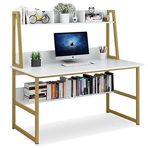 Tribesigns Computer Desk with Hutch, 47 inches Home Office Desk with Space Saving Design with Bookshelf for Small Spaces (White &Gold, 47)