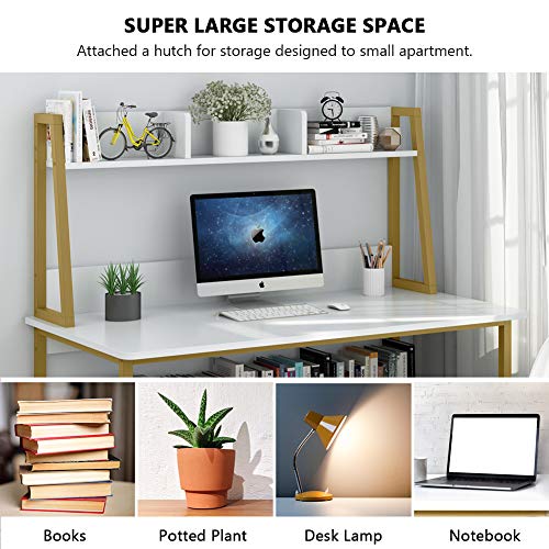 Tribesigns Computer Desk with Hutch, 47 inches Home Office Desk with Space Saving Design with Bookshelf for Small Spaces (White &Gold, 47)