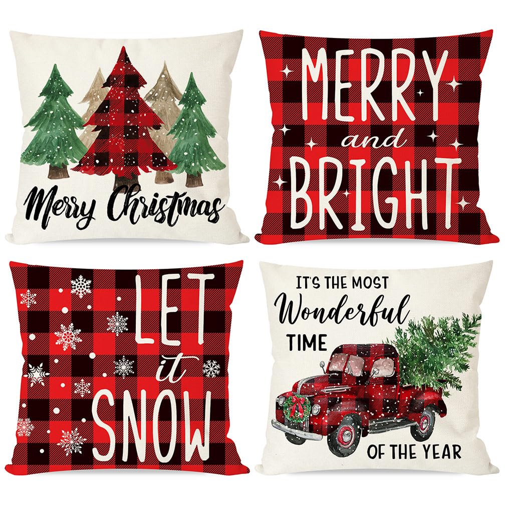 PANDICORN Christmas Pillow Covers 16x16 Inch Set of 4 Red Black Buffalo Plaid Christmas Tree Truck Outdoor Farmhouse Decorations Xmas Winter Holiday Decorative Throw Pillow Cases for Couch Home Decor