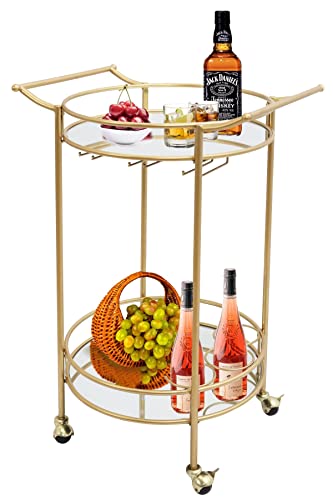 Round Gold Rolling Bar Cart with 2 Mirror Shelves, Wine Rack and Lockable Casters, Suitable for Home Kitchen, Club, Living Room, Thanksgiving, Christmas, New Year, 22"X18"X33"
