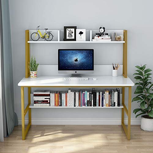 Tribesigns Computer Desk with Hutch, 47 inches Home Office Desk with Space Saving Design with Bookshelf for Small Spaces (White &Gold, 47)