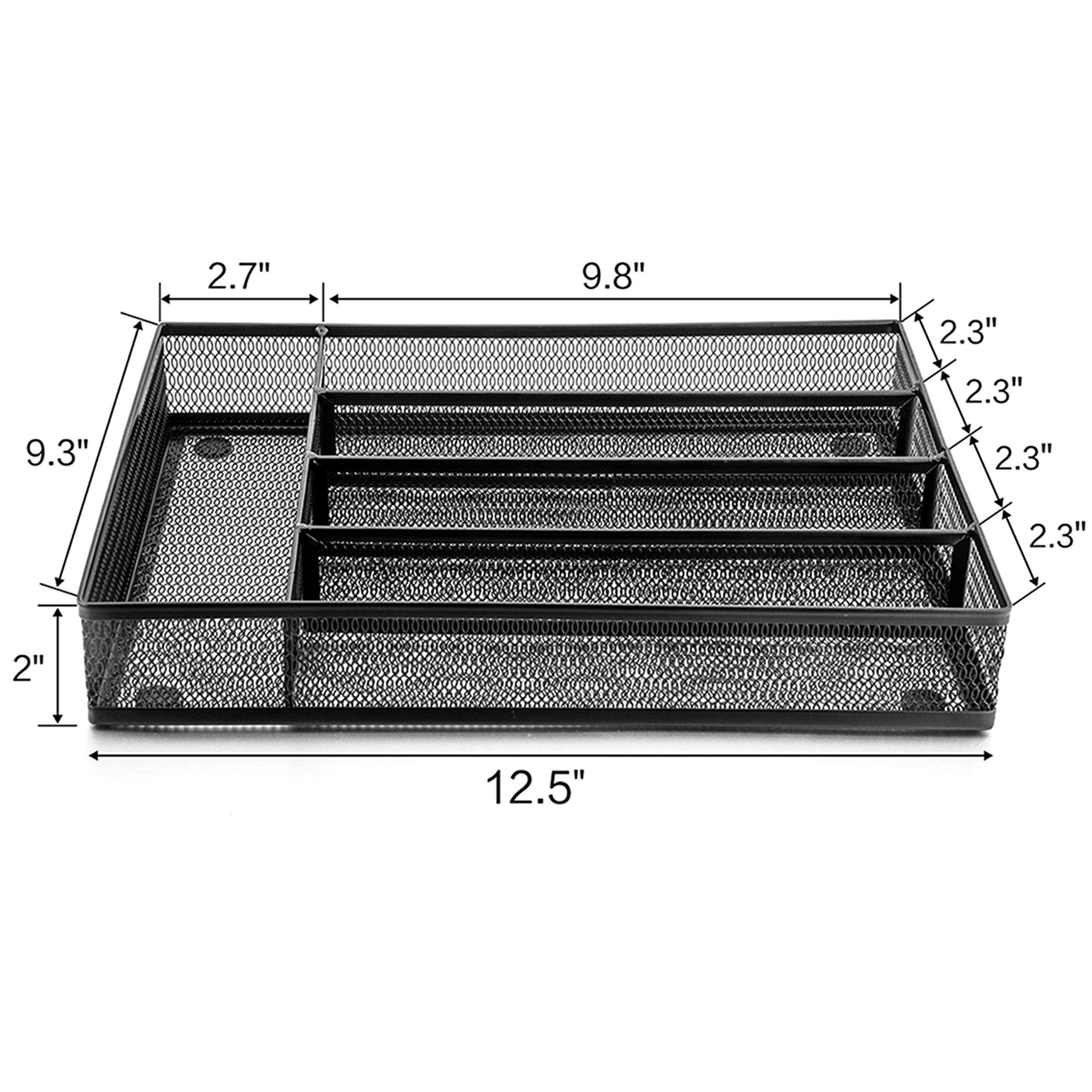 LIANYU Silverware Utensil Drawer Organizer, 5 Compartments Steel Mesh Cutlery Flatware Tray with Foam Feet, 9 1/4" W x 12 1/2" L x 2" H, Black