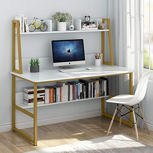 Tribesigns Computer Desk with Hutch, 47 inches Home Office Desk with Space Saving Design with Bookshelf for Small Spaces (White &Gold, 47)