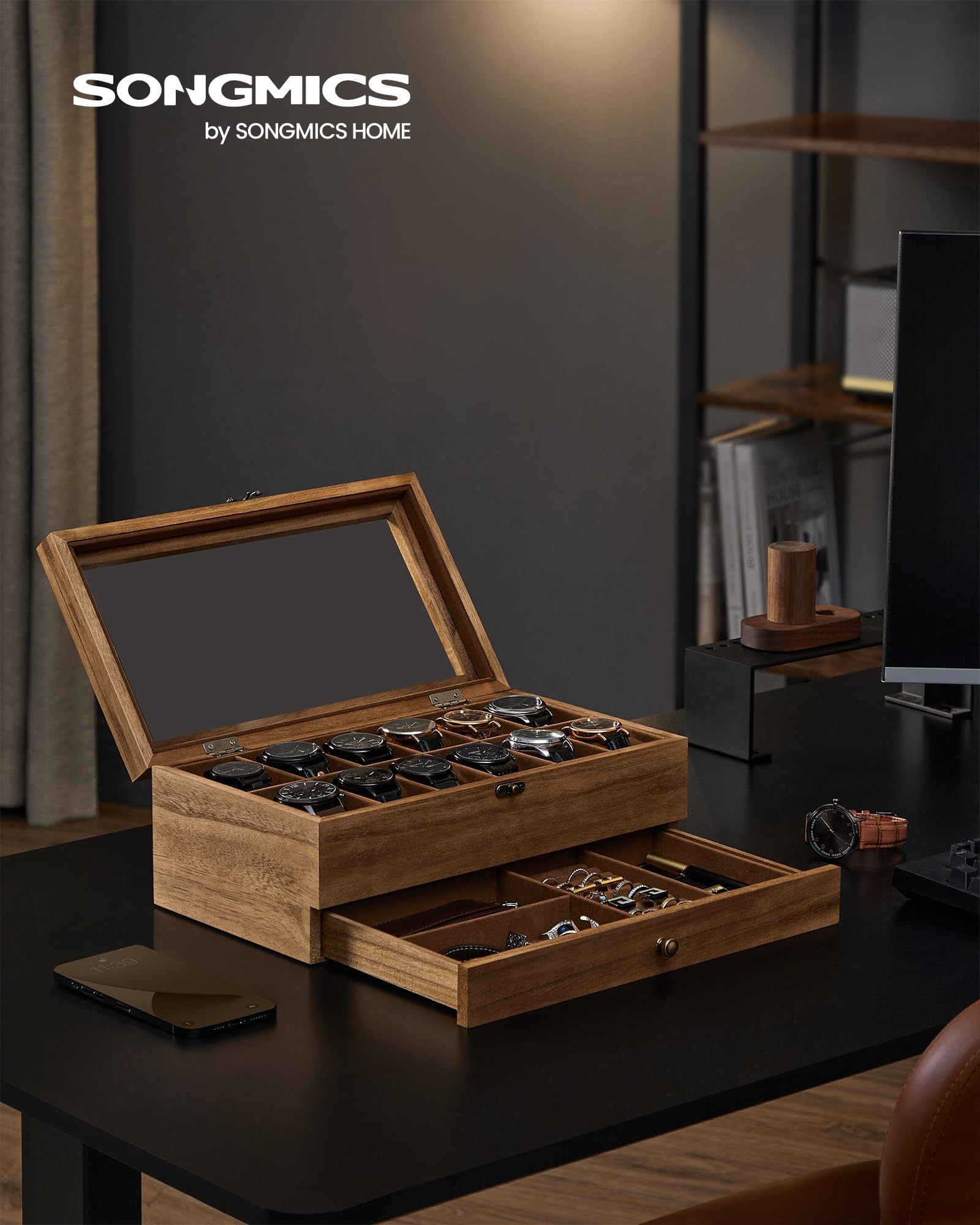 SONGMICS 12-Slot Watch Box, 2-Tier Watch Display Case with Large Glass Lid, Removable Watch Pillows, Velvet Lining, Jewelry Box, Gift Idea, Rustic Walnut UJOW012K01