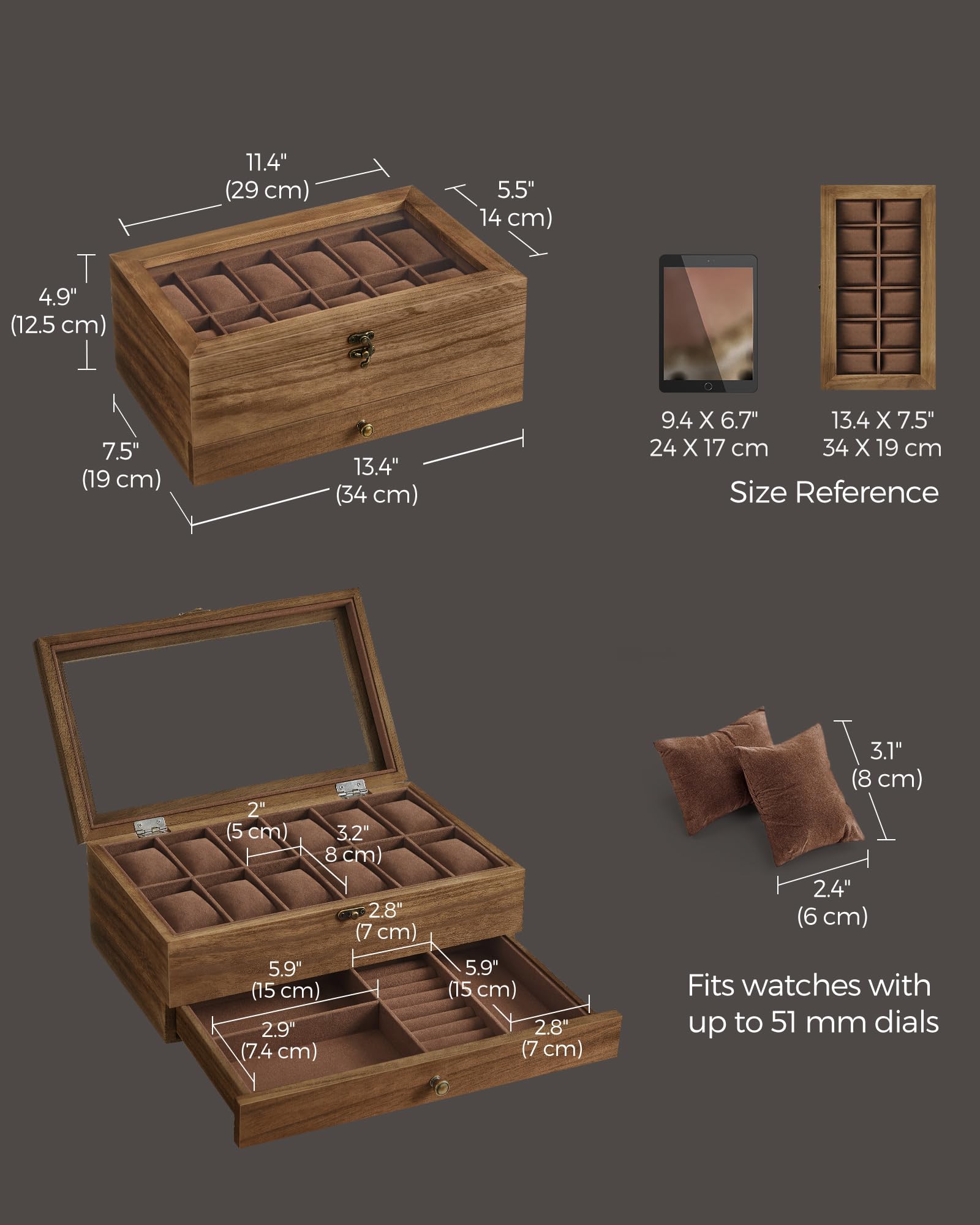 SONGMICS 12-Slot Watch Box, 2-Tier Watch Display Case with Large Glass Lid, Removable Watch Pillows, Velvet Lining, Jewelry Box, Gift Idea, Rustic Walnut UJOW012K01