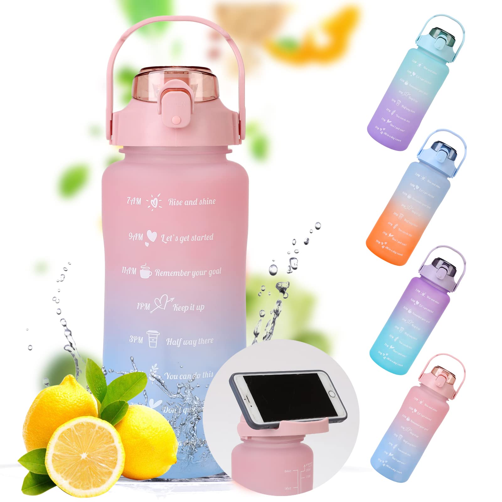 vaoruteng 64 OZ Water Bottle with Sleeve and Strap Half Gallon Water Bottle with Straw Leakproof BPA Free Water Bottles with times Marker & Motivational for Fitness, Gym and Outdoor Sports (pink)
