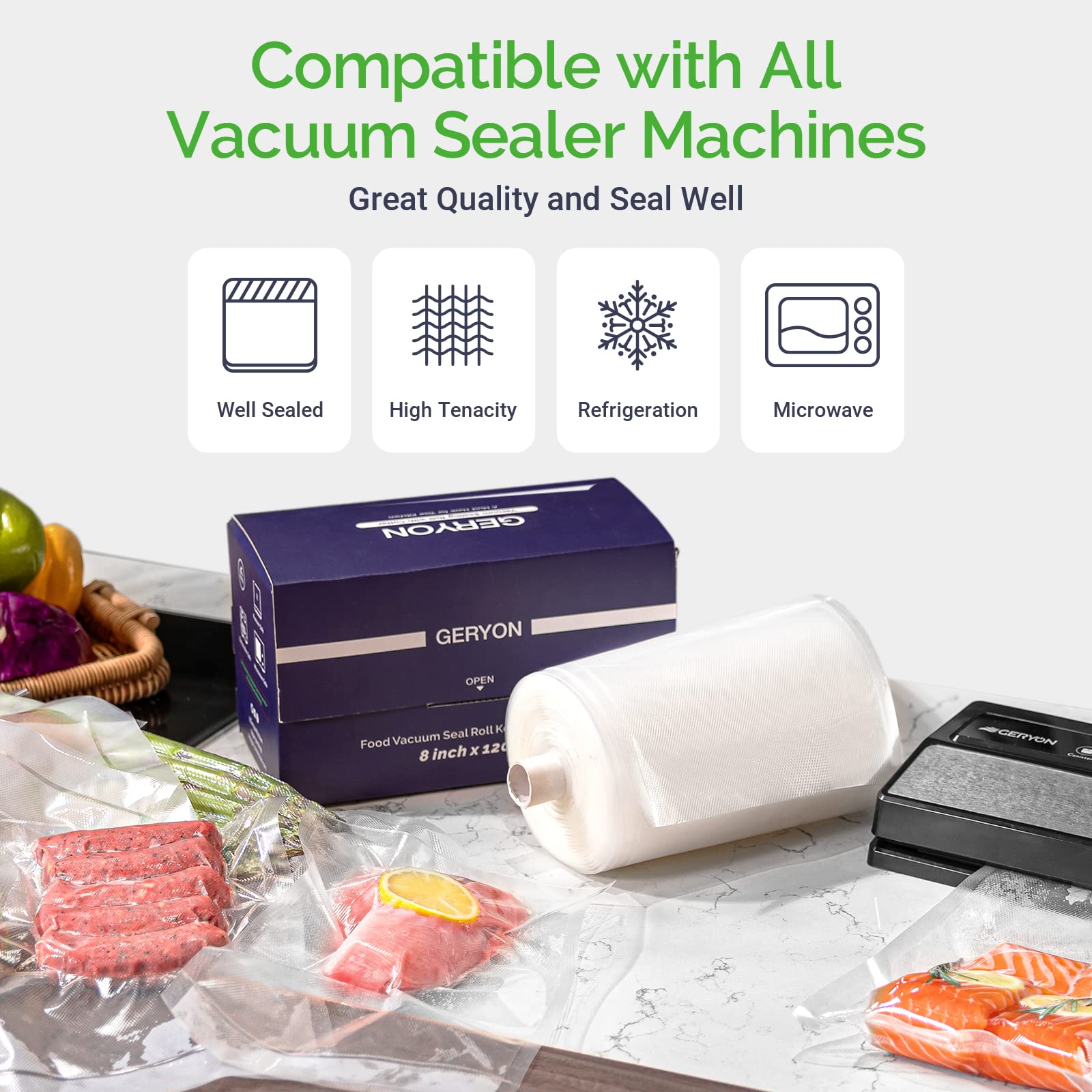 GERYON Vacuum Sealer Bags for Food, 8x120ft Rolls with Slide Cutter for All Vacuum Sealer Machine, BPA Free, Safe for Food Storage, Meal Prep and Sous Vide