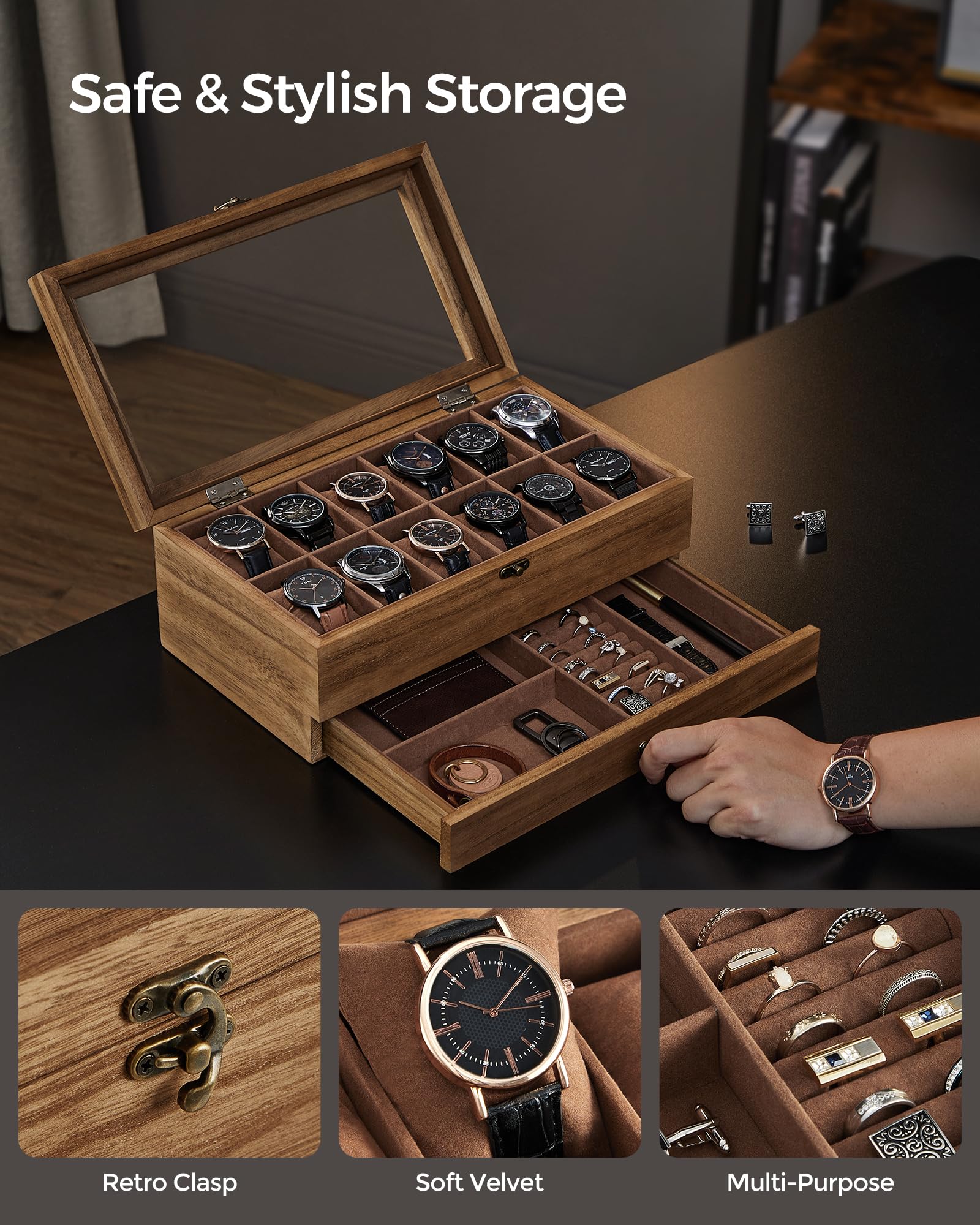 SONGMICS 12-Slot Watch Box, 2-Tier Watch Display Case with Large Glass Lid, Removable Watch Pillows, Velvet Lining, Jewelry Box, Gift Idea, Rustic Walnut UJOW012K01