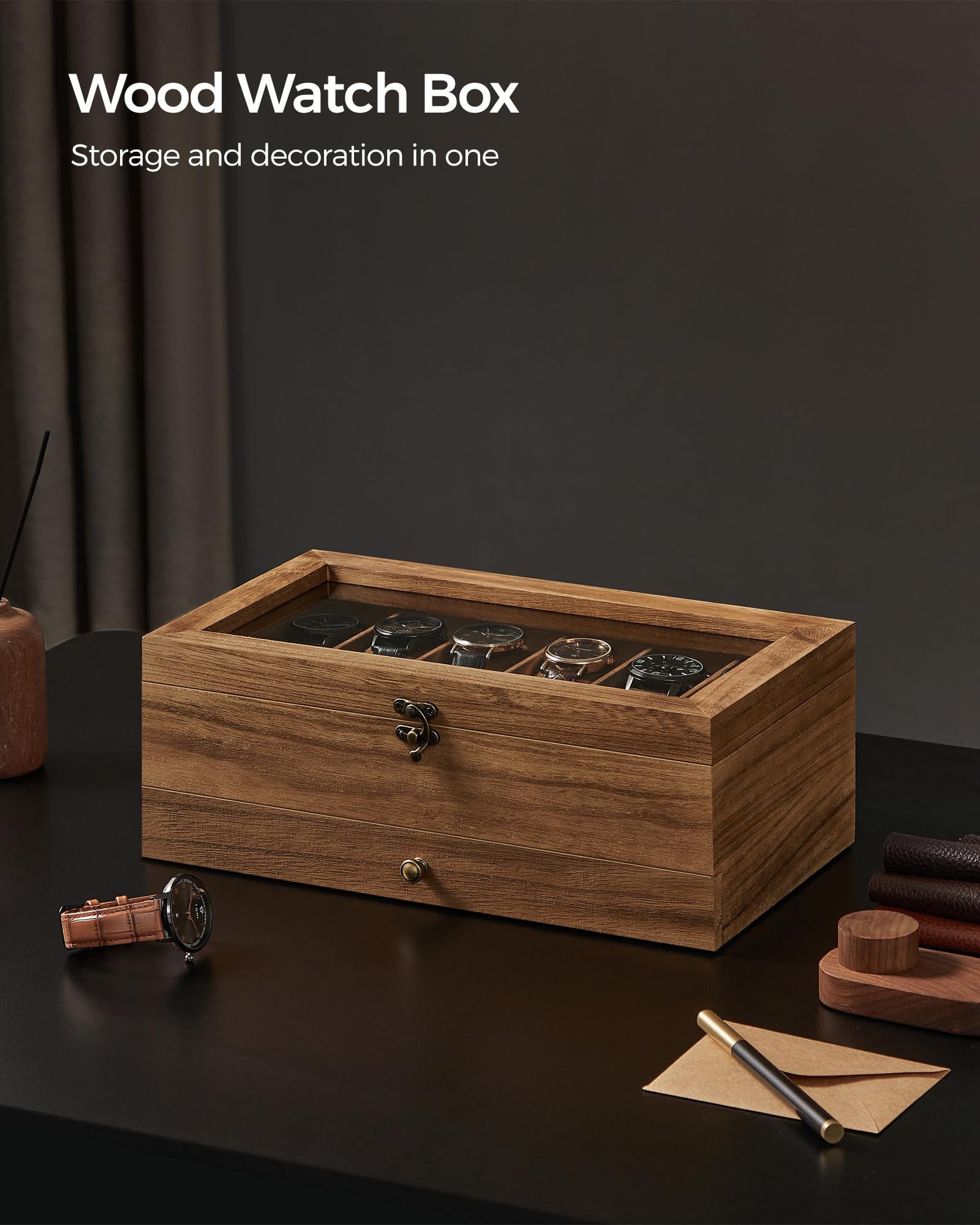 SONGMICS 12-Slot Watch Box, 2-Tier Watch Display Case with Large Glass Lid, Removable Watch Pillows, Velvet Lining, Jewelry Box, Gift Idea, Rustic Walnut UJOW012K01