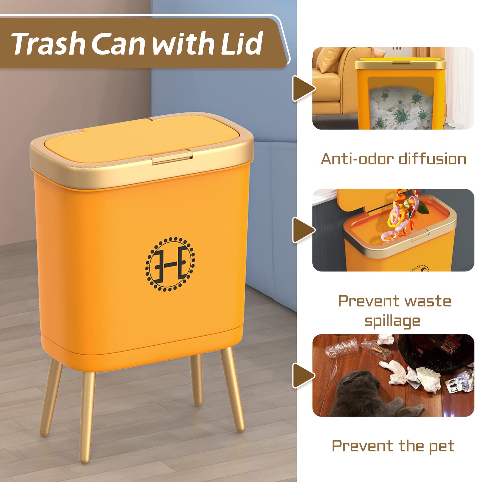 Bedroom Trash Can with Lid,Slim Bathroom Cans Lids, Dog Proof Press Top Lid,Modern Gold Plastic Waste Basket for Living Room, Office,Kitchen, 4 Gal-Orange