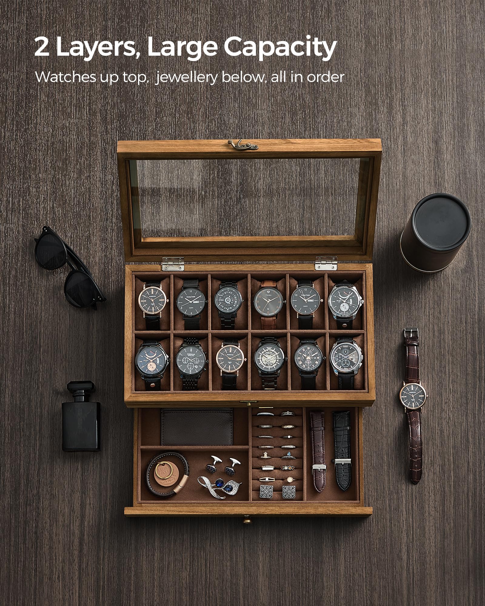 SONGMICS 12-Slot Watch Box, 2-Tier Watch Display Case with Large Glass Lid, Removable Watch Pillows, Velvet Lining, Jewelry Box, Gift Idea, Rustic Walnut UJOW012K01