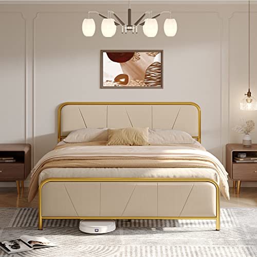 Gizoon Queen Size Bed Frame, Platform Bed Frame with Upholstered Headboard, Golden Heavy Duty Metal Mattress Foundation & Steel Slats, Sturdy, Noise Free, No Box Spring Needed (Beige)
