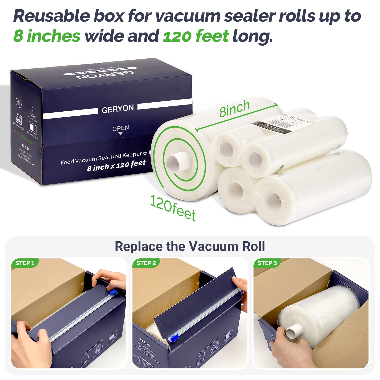 GERYON Vacuum Sealer Bags for Food, 8x120ft Rolls with Slide Cutter for All Vacuum Sealer Machine, BPA Free, Safe for Food Storage, Meal Prep and Sous Vide