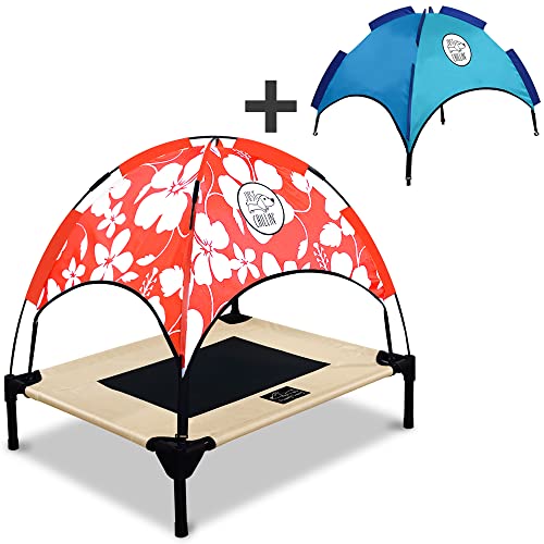 Floppy Dawg Just Chillin’ Elevated Dog Bed. LuxLife Edition - Premium Cot Includes Two Designer Canopies. Lightweight and Portable, Indoor or Outdoor. Chill in Style on Raised Breathable Mesh Fabric.