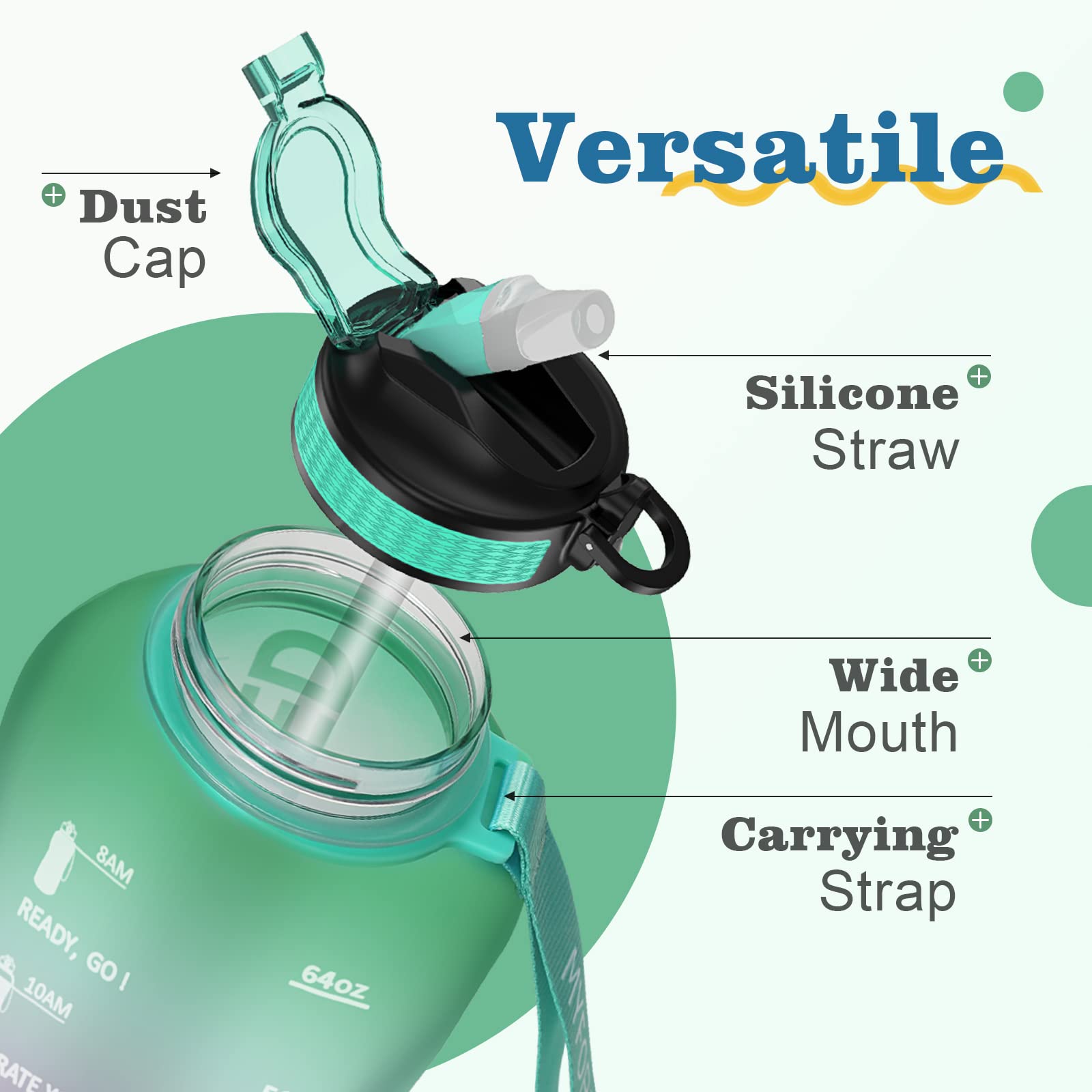 MYFOREST 64oz Water Bottle, Time Marker for Motivational Hydration, Drop-proof, BPA-free, Nozzle/Straw/Carry-Strap/Wide-Mouth for Easy Clean - 1900mL Large Sports Jug