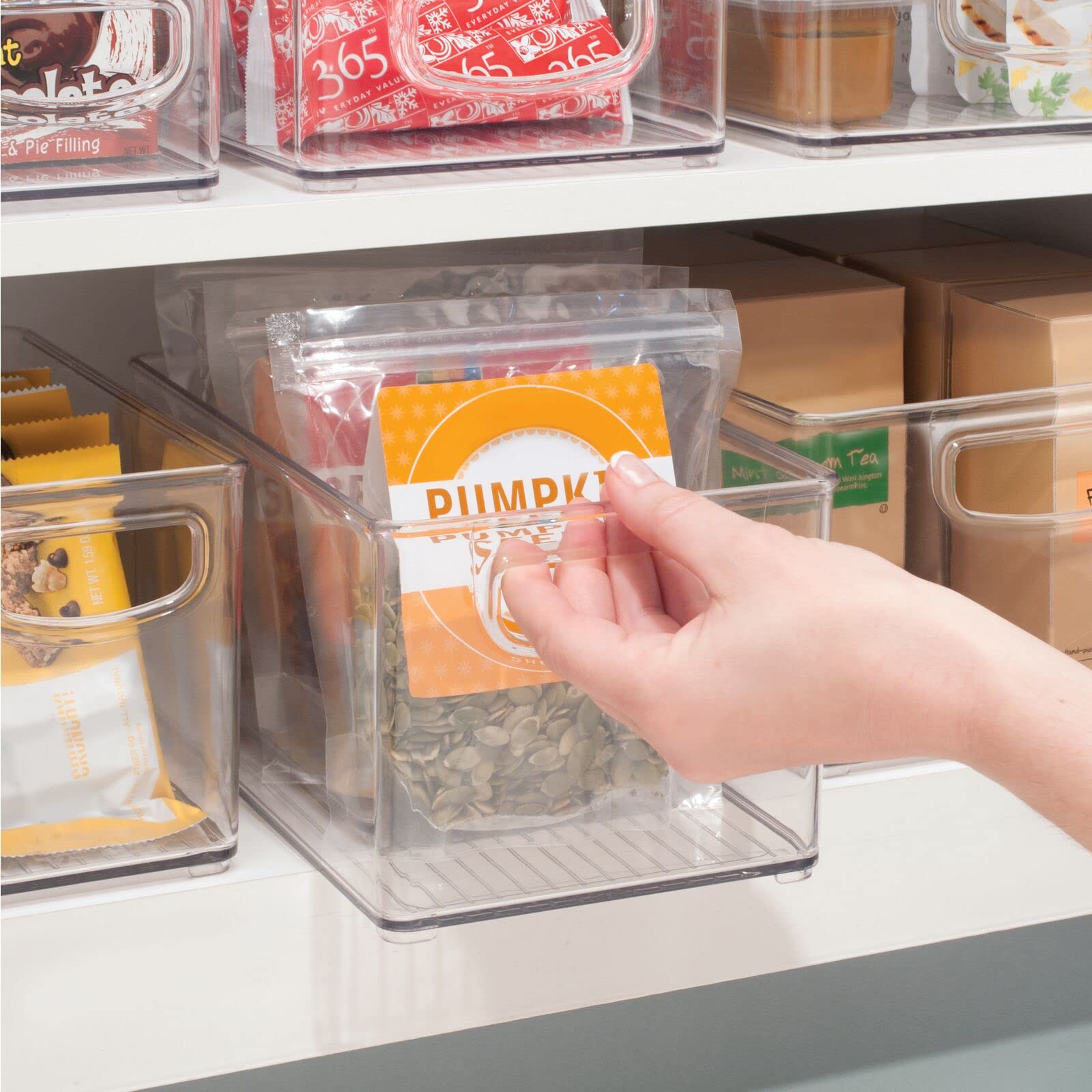 mDesign Plastic Kitchen Organizer - Storage Holder Bin with Handles for Pantry, Cupboard, Cabinet, Fridge/Freezer, Shelves, and Counter - Holds Canned Food, Snacks, Drinks, and Sauces - Clear