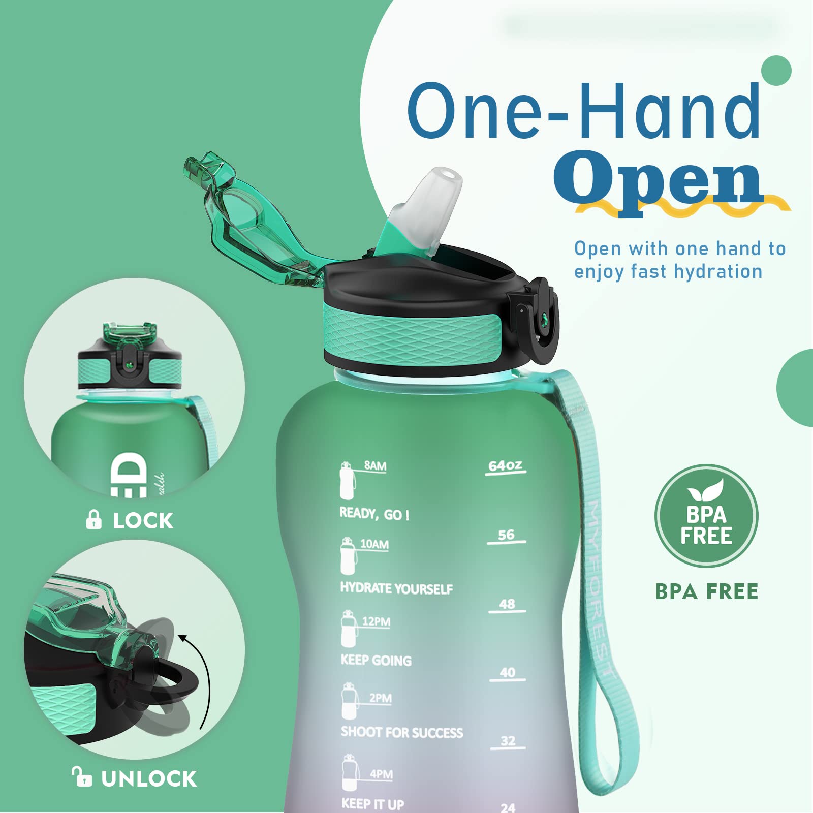 MYFOREST 64oz Water Bottle, Time Marker for Motivational Hydration, Drop-proof, BPA-free, Nozzle/Straw/Carry-Strap/Wide-Mouth for Easy Clean - 1900mL Large Sports Jug