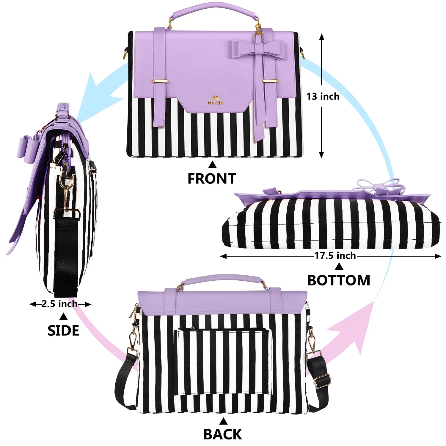 MATEIN 17 inch laptop bag for women, Large Computer Sleeve Case Briefcase with RFID Pocket & Bow, Cute Lightweight Messenger Carrying Shoulder Tote Office Bag for Nurse Teacher College Work, Purple