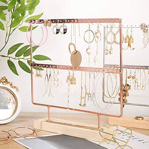 lemonadeus Earrings Organizer Jewelry Display Wood Stand (44 Holes 2 Layers) (rose gold)