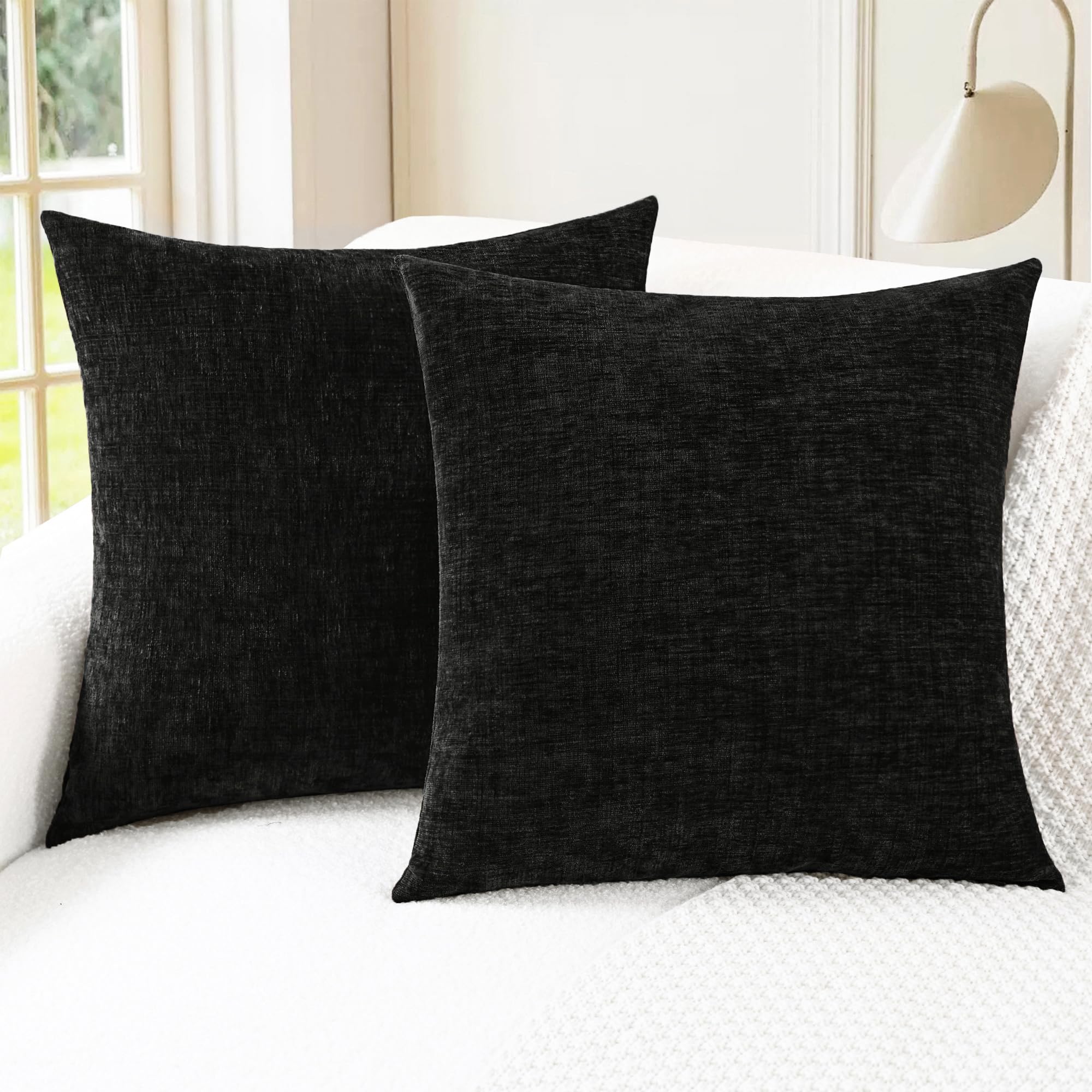 CaliTime Throw Pillow Covers Decorative 18 X 18 Inches Pack of 2 Cozy Chenille Cushion Cases for Couch Sofa Bed Living Room Home Black