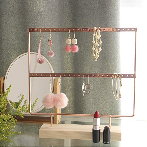lemonadeus Earrings Organizer Jewelry Display Wood Stand (44 Holes 2 Layers) (rose gold)