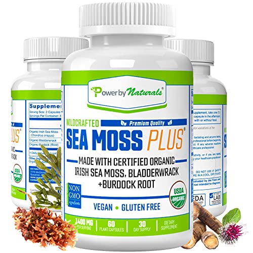 Power By Naturals USDA Organic Sea Moss Plus Bladderwrack and Burdock Root Capsules for Gut Health, Immune Support & Thyroid Supplement (Pure, No Fillers, Wildcrafted Irish SeaMoss Pills) 60Ct.