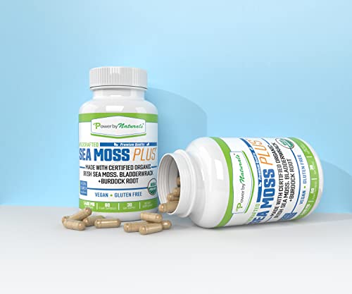 Power By Naturals USDA Organic Sea Moss Plus Bladderwrack and Burdock Root Capsules for Gut Health, Immune Support & Thyroid Supplement (Pure, No Fillers, Wildcrafted Irish SeaMoss Pills) 60Ct.