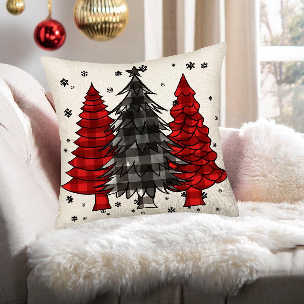 Smilyard Christmas Tree Decorations Pillow Covers 20x20 Inch Red Black Buffalo Check Plaid Snowflake Throw Pillow Cover Winter Farmhouse Decorative White Pillows Cushion Case for Home Sofa Couch