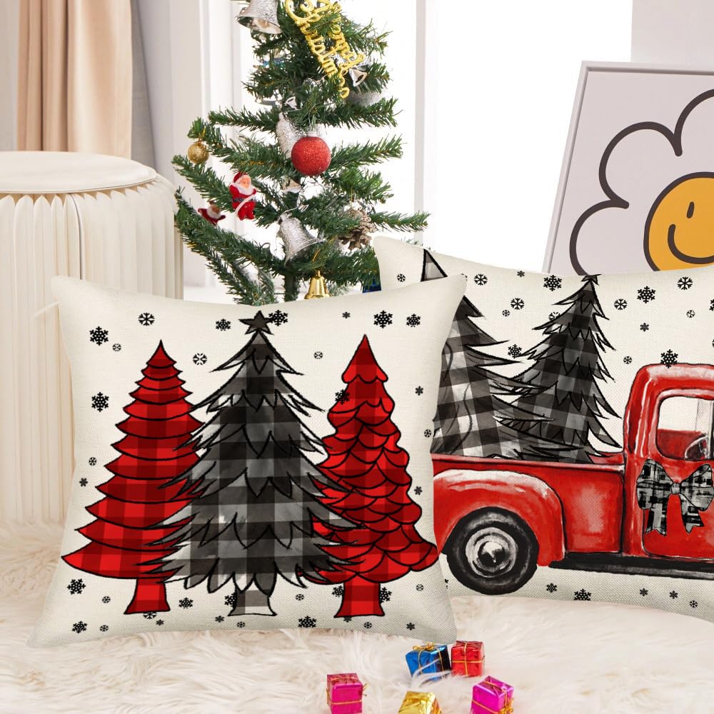 Smilyard Christmas Tree Decorations Pillow Covers 20x20 Inch Red Black Buffalo Check Plaid Snowflake Throw Pillow Cover Winter Farmhouse Decorative White Pillows Cushion Case for Home Sofa Couch