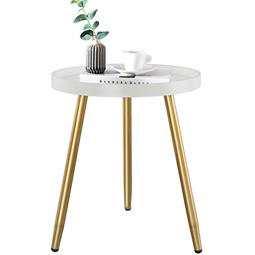 Round Side Table, Wooden Tray Table with Metal Tripod Stand, 3 Gold Legged White Table, Accent Table for Living Room Bedroom Office Small Spaces, 18" H x 15" D