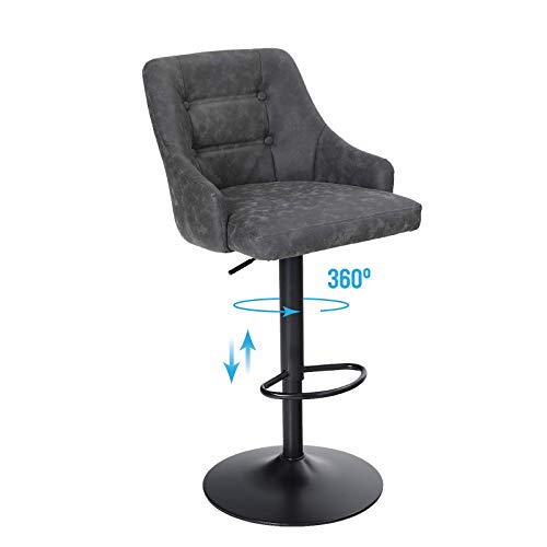 MAISON ARTS Swivel Adjustable Bar Stool with Back for Kitchen Counter Padded Counter Height Faux Leather Bar Chair with Heavy Duty Base for Pub Cafe Dining, 300LBS Weight Capacity, Grey, 1 Stool