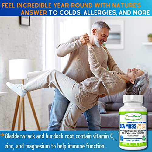 Power By Naturals USDA Organic Sea Moss Plus Bladderwrack and Burdock Root Capsules for Gut Health, Immune Support & Thyroid Supplement (Pure, No Fillers, Wildcrafted Irish SeaMoss Pills) 60Ct.