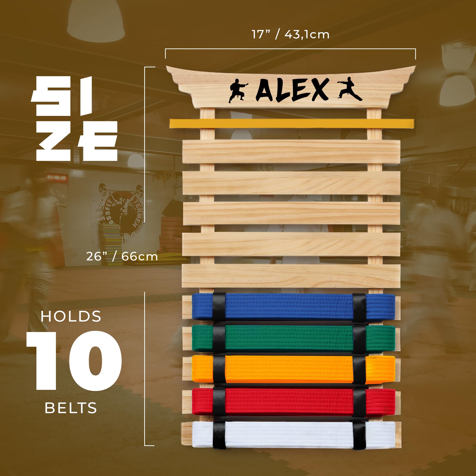 Quasar-Una Belt Holder Customizable Karate Belt Display Rack | Elevate Your Martial Arts Legacy with Premium Wood Shelf | Flaunt 10 Belts in Style with ultime Stickers Customization.