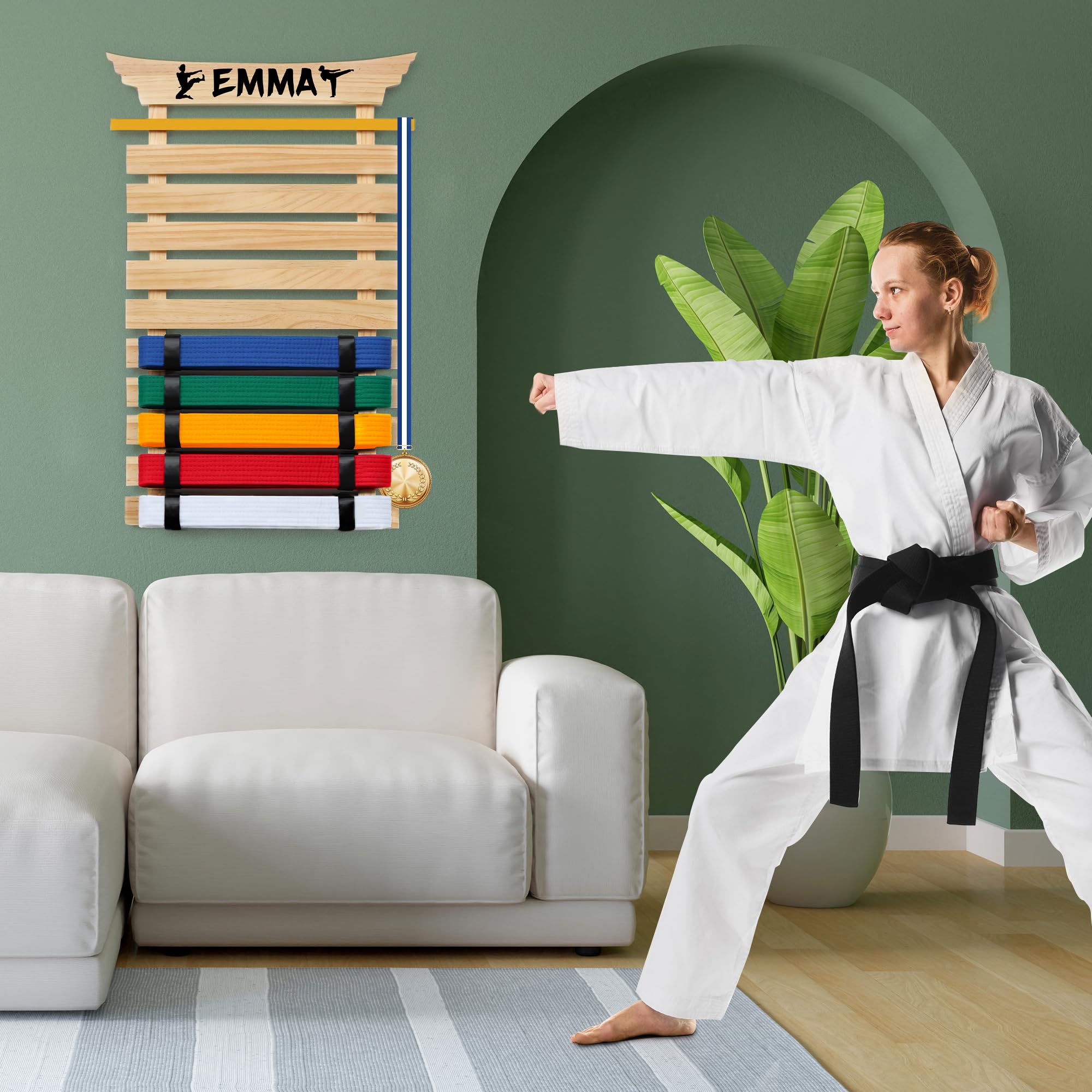 Quasar-Una Belt Holder Customizable Karate Belt Display Rack | Elevate Your Martial Arts Legacy with Premium Wood Shelf | Flaunt 10 Belts in Style with ultime Stickers Customization.