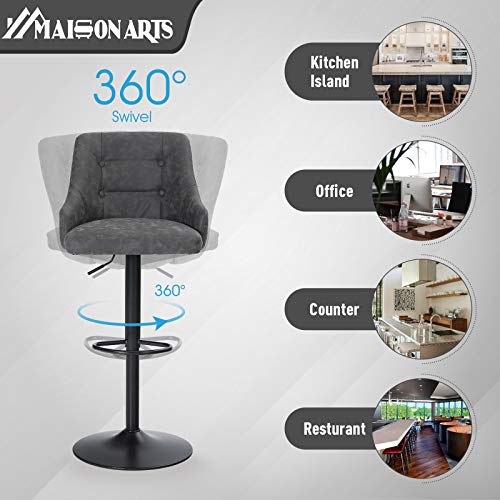 MAISON ARTS Swivel Adjustable Bar Stool with Back for Kitchen Counter Padded Counter Height Faux Leather Bar Chair with Heavy Duty Base for Pub Cafe Dining, 300LBS Weight Capacity, Grey, 1 Stool