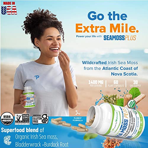 Power By Naturals USDA Organic Sea Moss Plus Bladderwrack and Burdock Root Capsules for Gut Health, Immune Support & Thyroid Supplement (Pure, No Fillers, Wildcrafted Irish SeaMoss Pills) 60Ct.