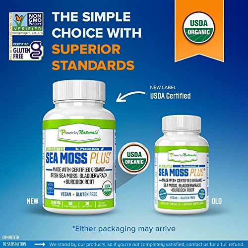 Power By Naturals USDA Organic Sea Moss Plus Bladderwrack and Burdock Root Capsules for Gut Health, Immune Support & Thyroid Supplement (Pure, No Fillers, Wildcrafted Irish SeaMoss Pills) 60Ct.